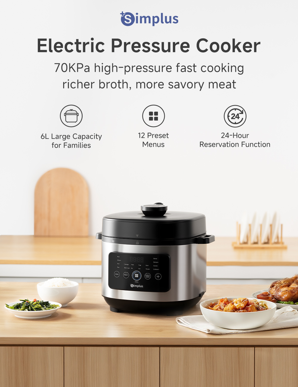 Simplus 6L Pressure Cooker 70kPa | 12 Menu Multicooker | 80% Faster ...