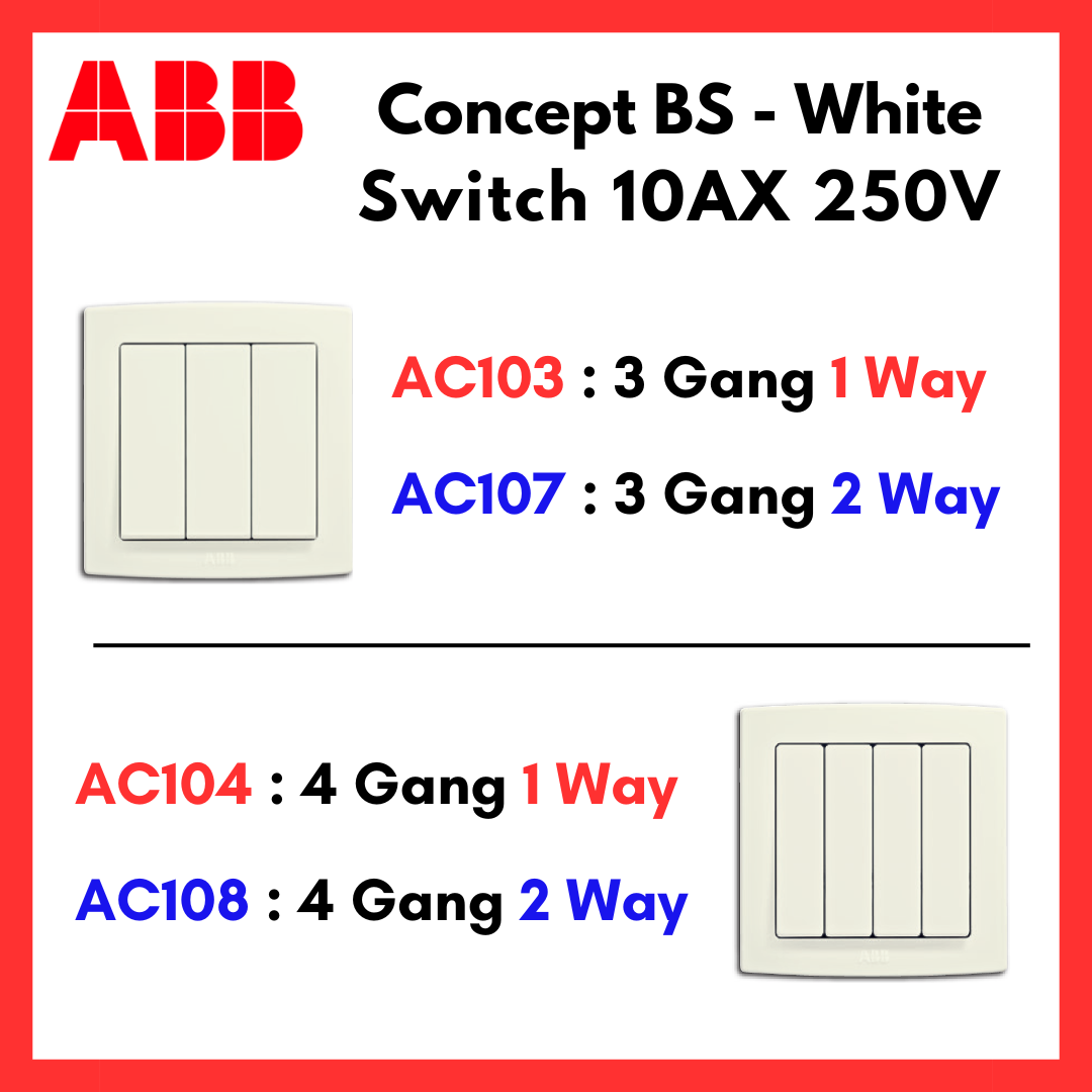 (SG Stock) ABB Concept BS White Light Switch 10AX 250V【1 Gang/2 Gang/3 ...