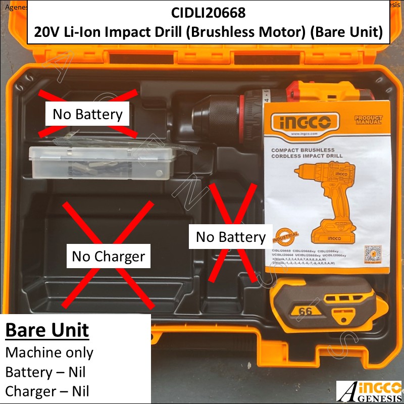 INGCO 20V Li-Ion Impact Drill (Brushless Motor) CIDLI206681 CIDLI20668 (Bare Unit or Full Set ...
