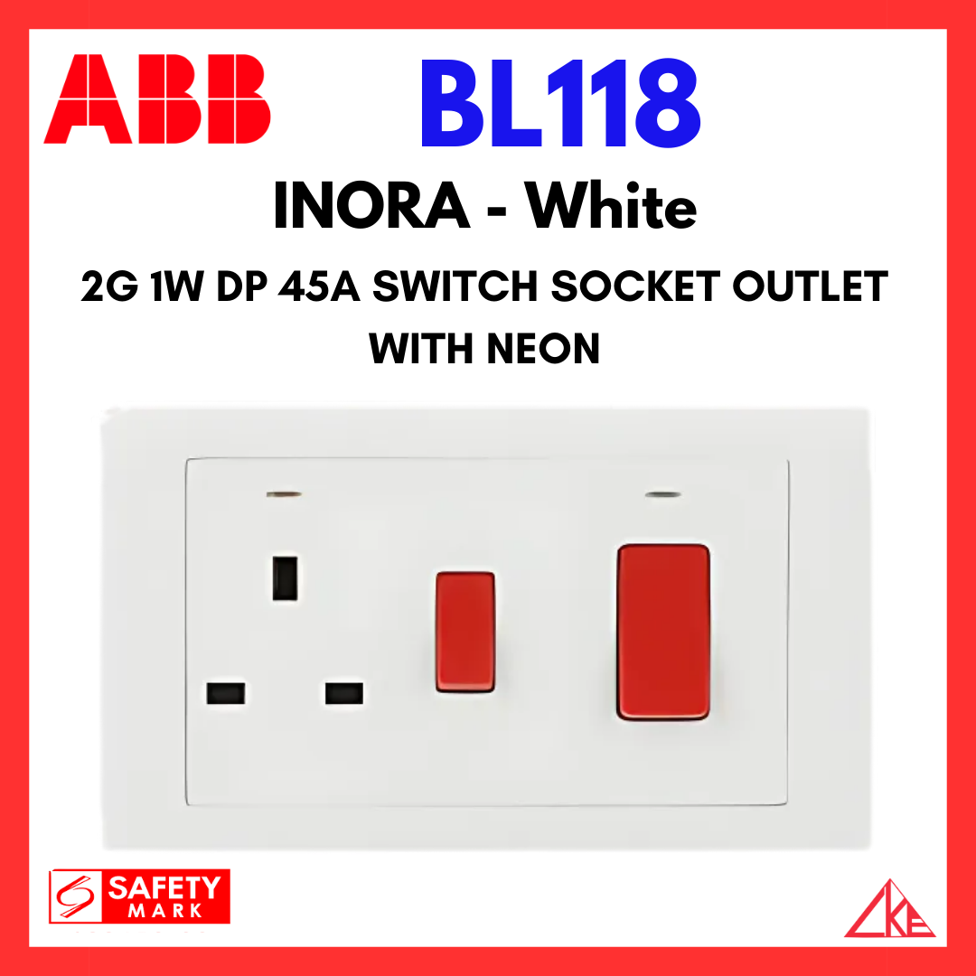 (SG Stock) ABB INORA White (BL118) 2 Gang 1 Way Double Pole 45A COOKER ...