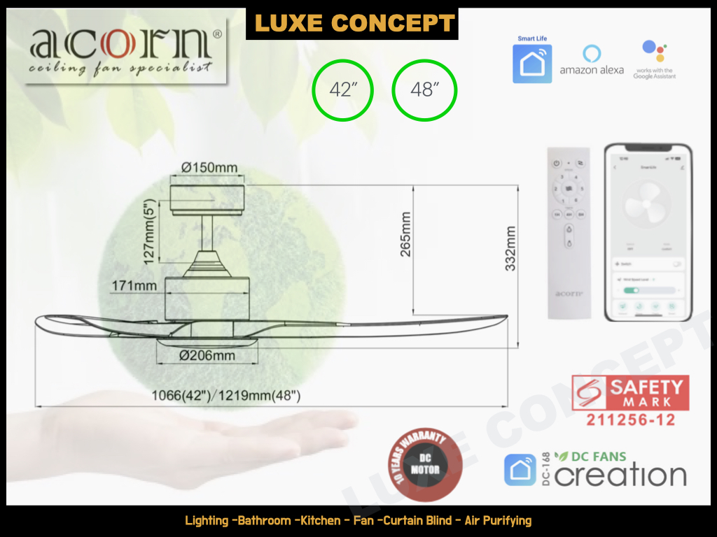 LUXE - ACORN DC168 Smart DC Ceiling Fan 42/48“ (Wifi) with Remote & 24W ...