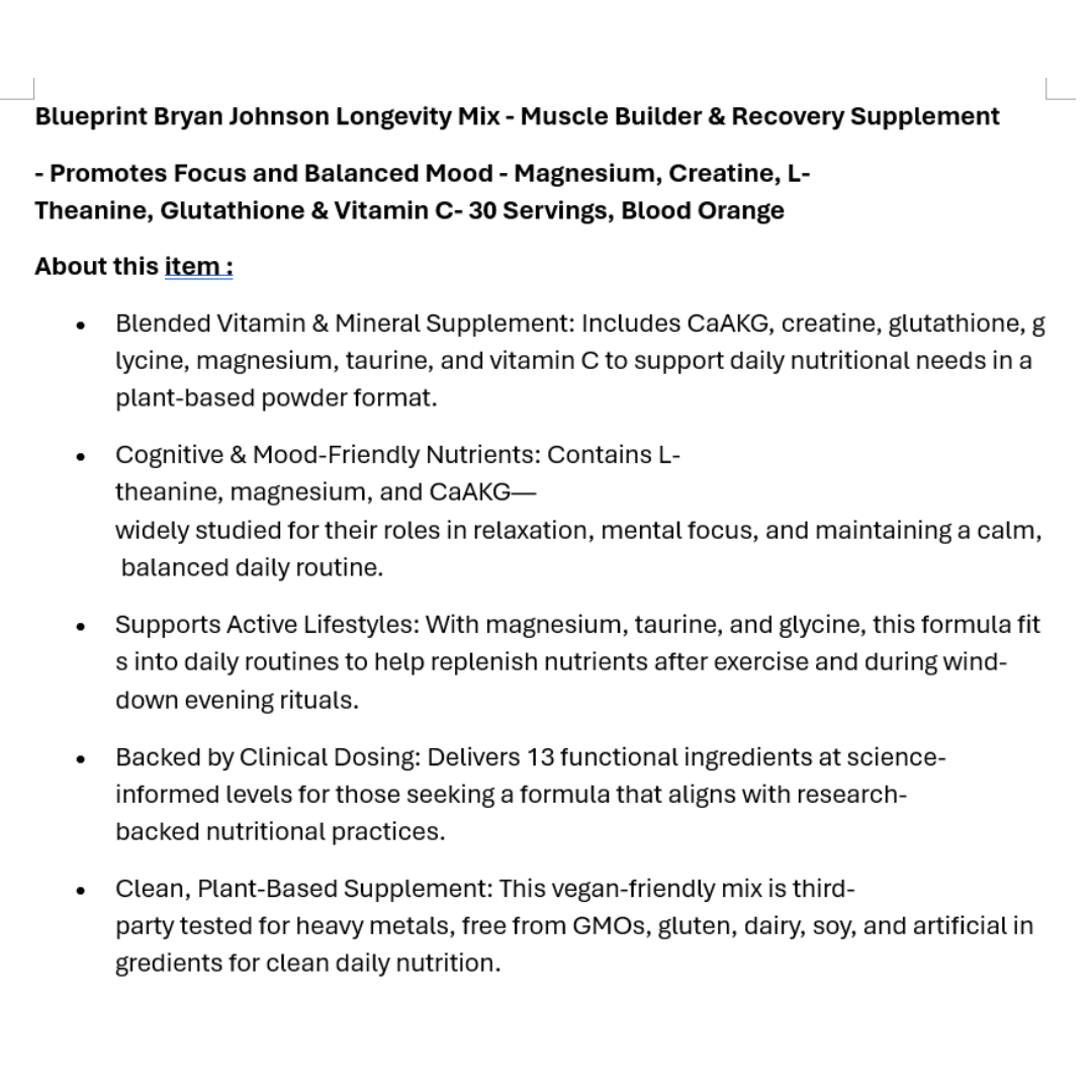 Blueprint Longevity Mix - Muscle Builder & Recovery Supplement by Bryan ...