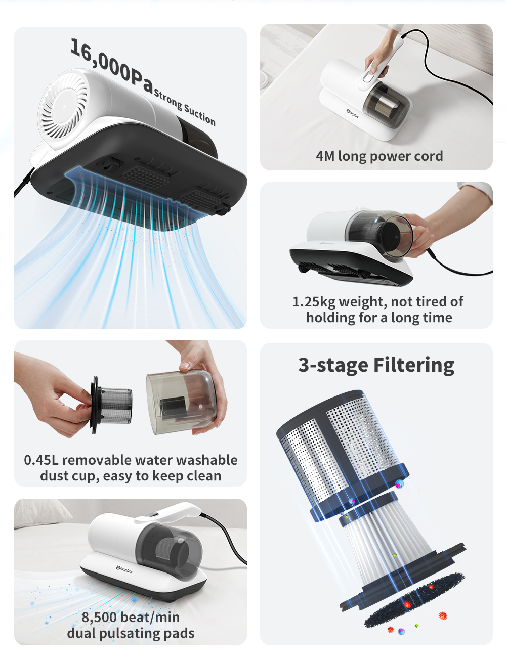 Simplus Dust Mite Vacuum Cleaner | 16,000Pa | 8,500 Beat/min | 3-Stage ...