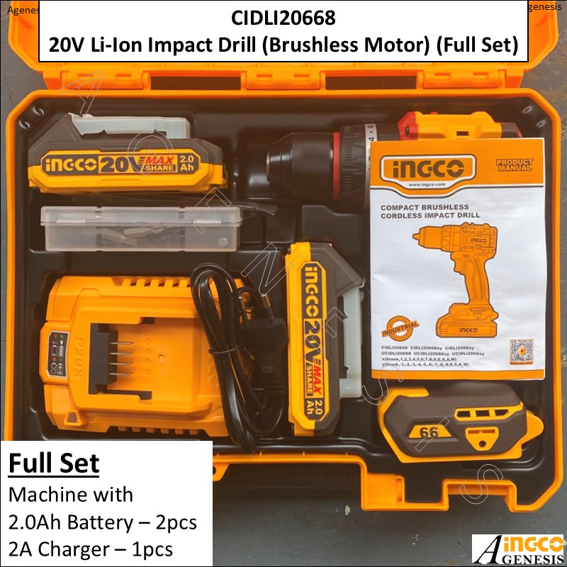 INGCO 20V Li-Ion Impact Drill (Brushless Motor) CIDLI206681 CIDLI20668 (Bare Unit or Full Set ...