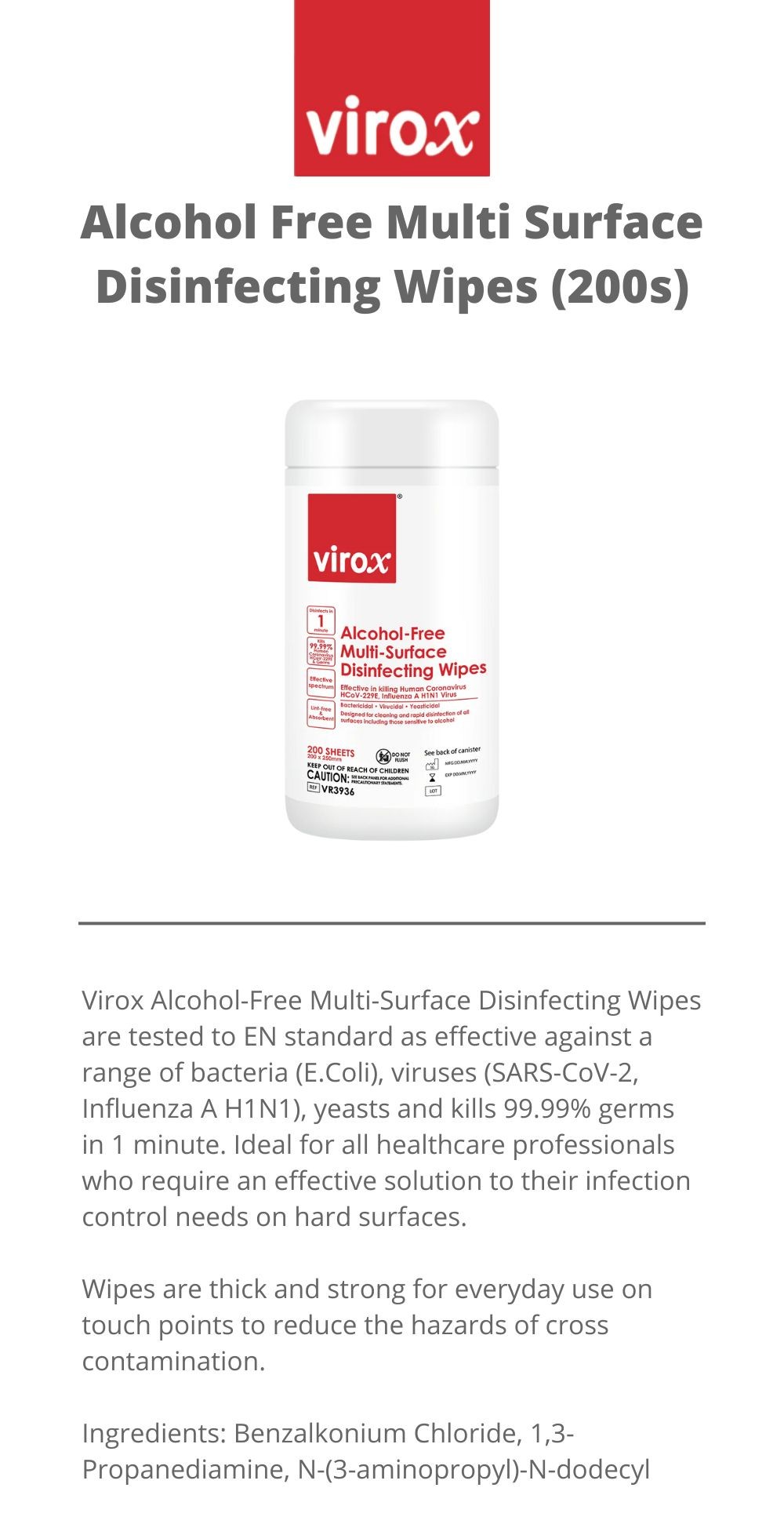 TTS - Virox Alcohol Free Multi Surface Disinfecting Wipes (200s ...