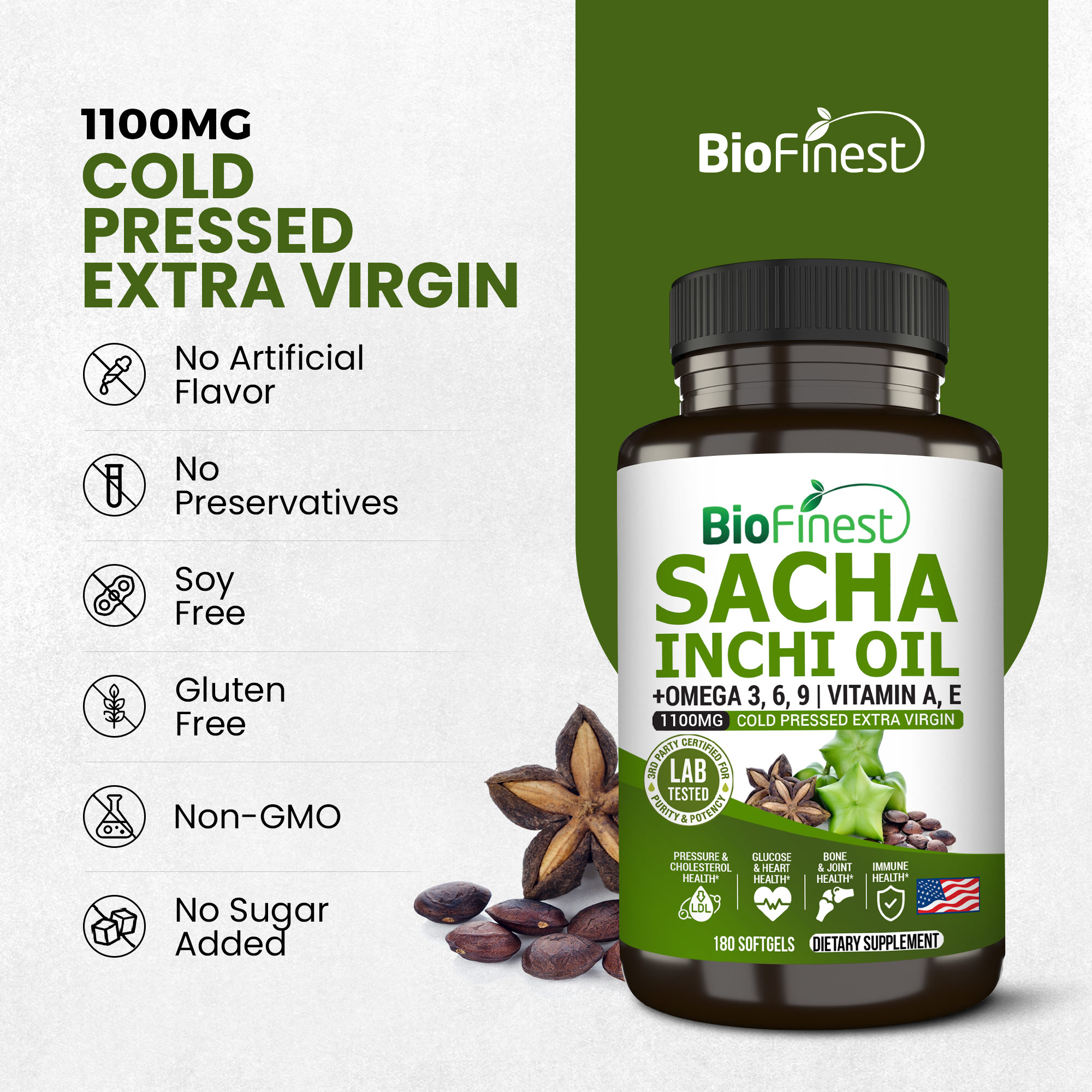 Biofinest Sacha Inchi Oil 1100mg Supplement - Omega 3 6 9 Vitamin A E ...