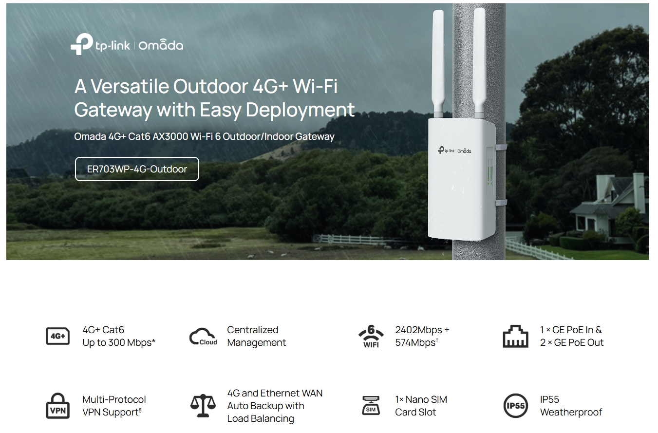 TP-Link ER703WP-4G-Outdoor Omada 4G+ Cat6 AX3000 Wi-Fi 6 Outdoor/Indoor ...