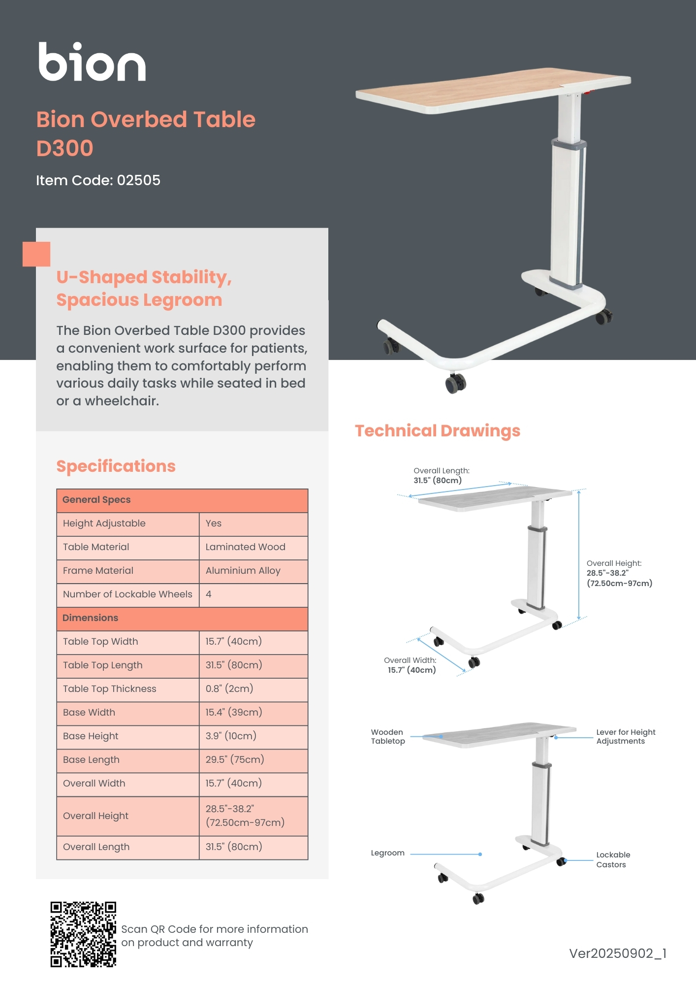 Bion Overbed Table D300 | Legroom Available 4 Lockable Wheels Aluminium ...