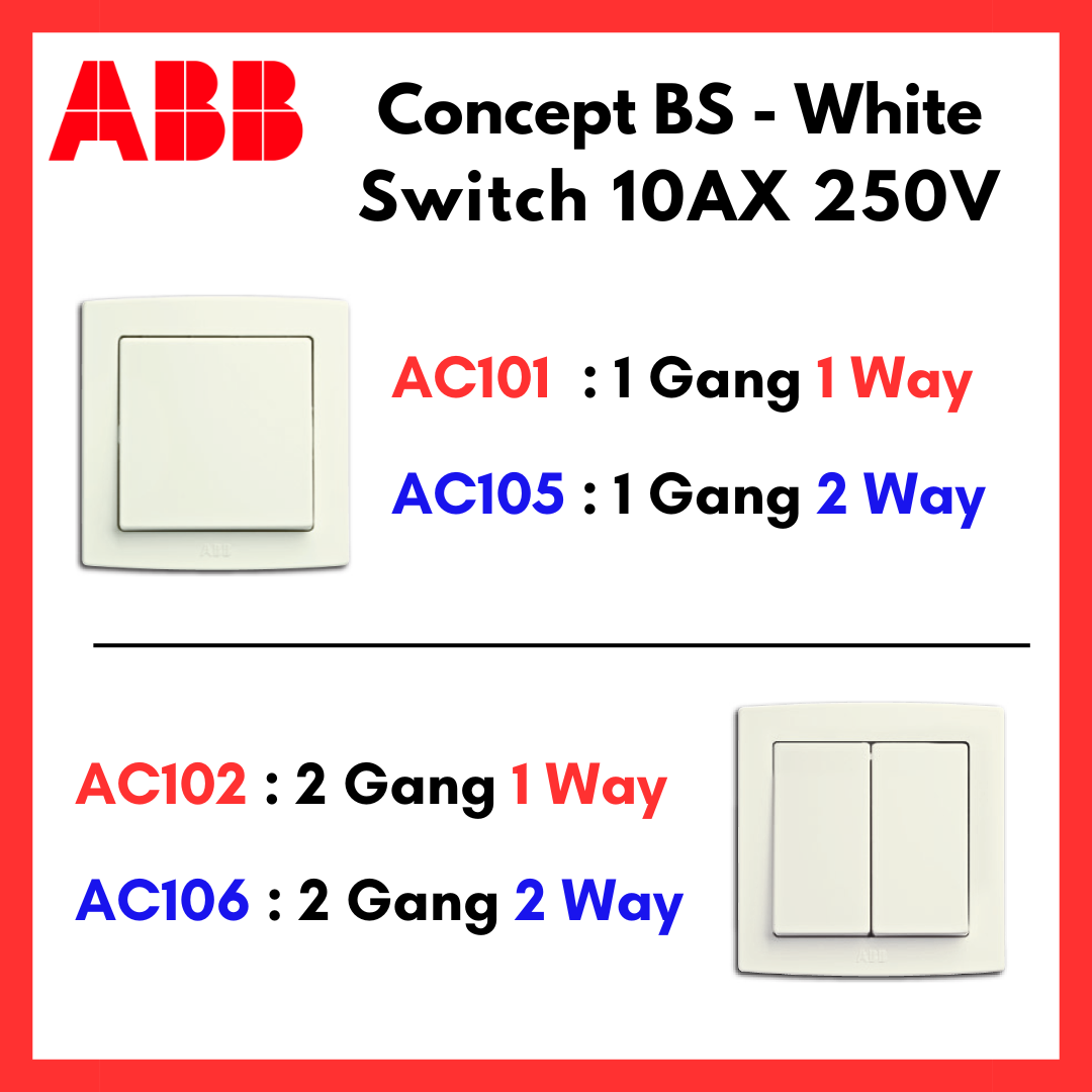 (SG Stock) ABB Concept BS White Light Switch 10AX 250V【1 Gang/2 Gang/3 ...