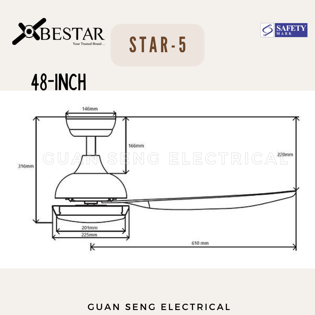 BESTAR Star-5 38" 48" 58" Smart Wifi Control DC Motor Ceiling Fan with ...
