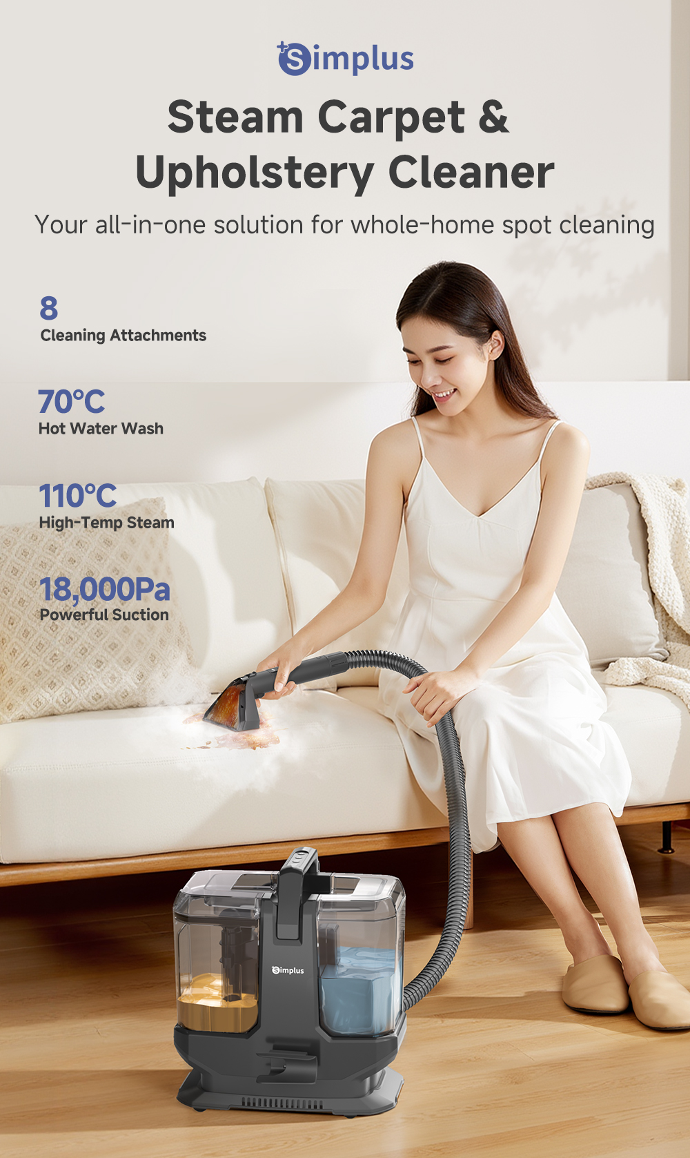 Simplus Spot & Fabric Cleaner | 110°C High-Temp Steam | 70°C Hot Water ...