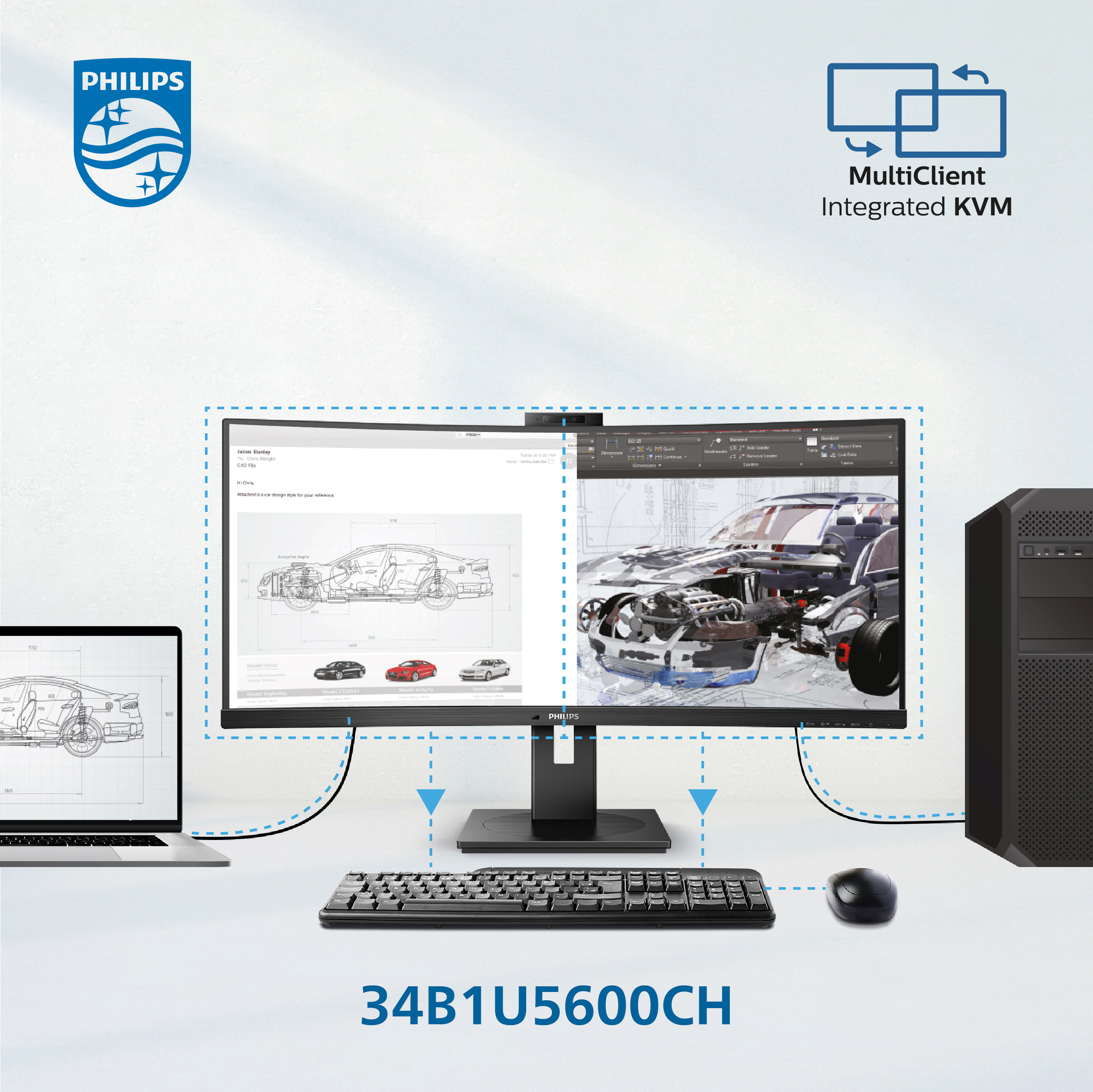 Philips 34B1U5600CH Curved UltraWide VA Monitor with USB-C dock, KVM ...