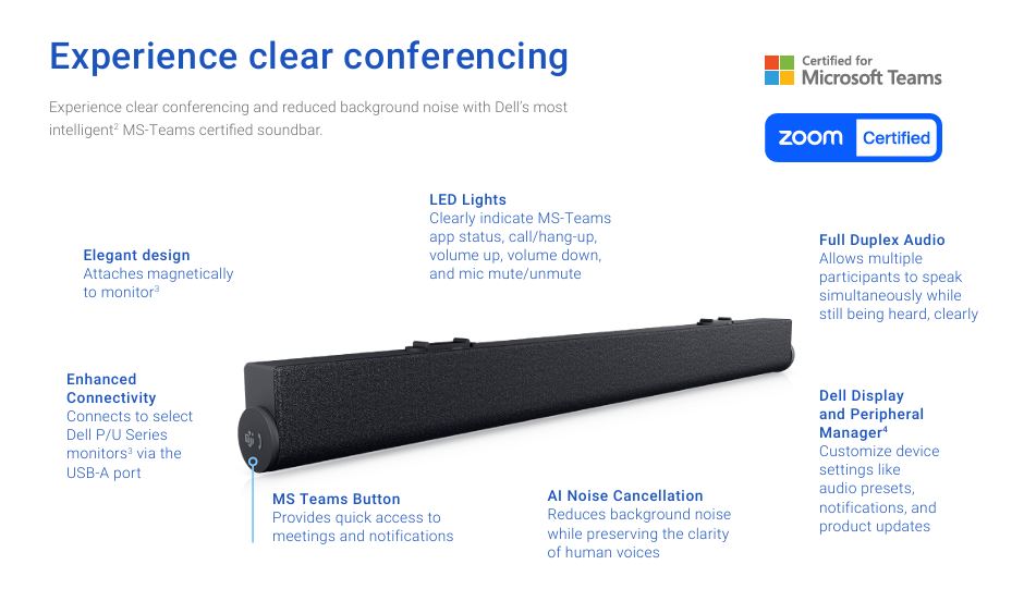 Dell SB522A Slim Conferencing Speaker Soundbar for Monitor -Zoom/MS ...