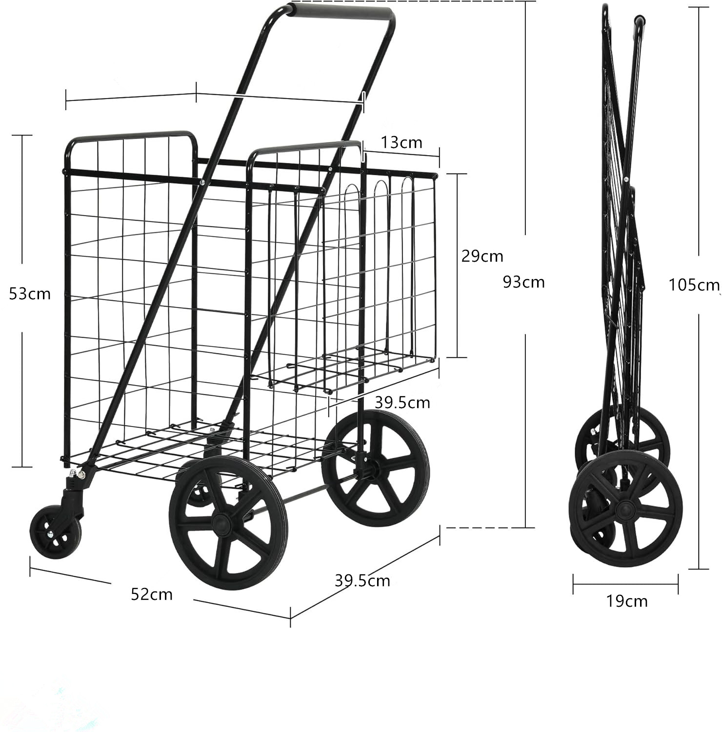 Foldable Grocery Shopping Cart Heavy Duty Trolley with Rear Basket ...