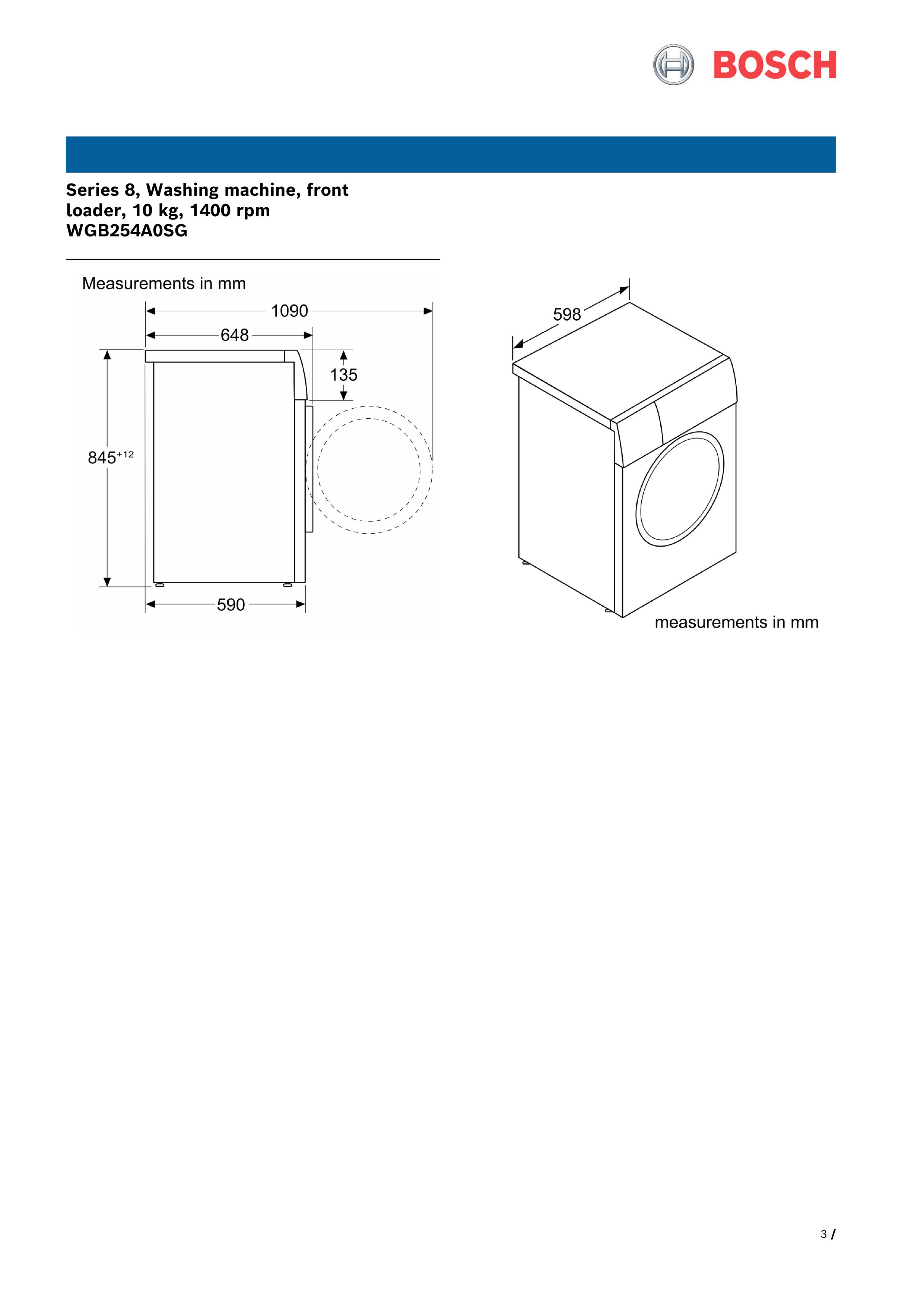 BOSCH WGB254A0SG 10KG FRONT LOAD WASHER WHITE 3 TICKS W598xD590xH845MM ...
