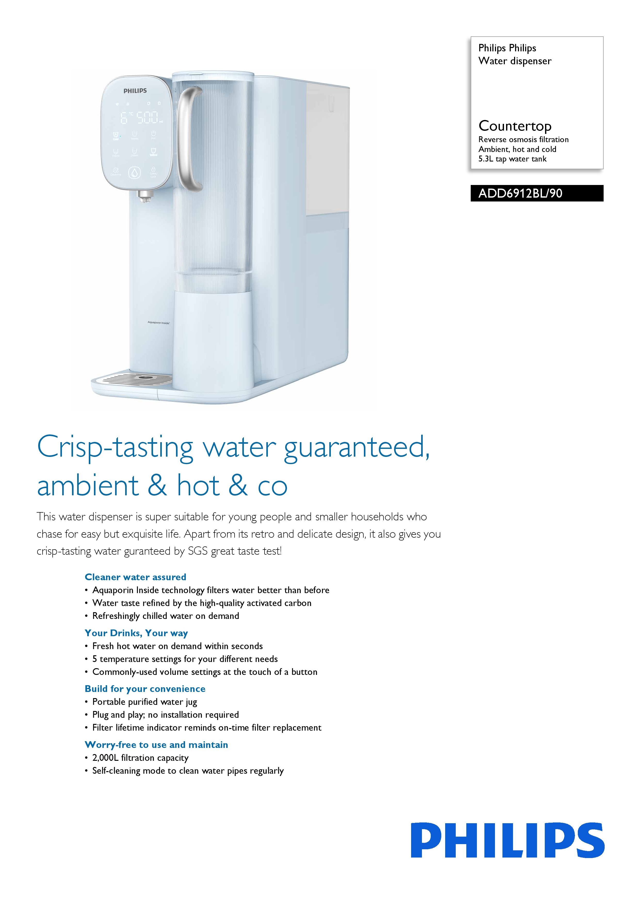 Philips ADD6912 BL/90 Reverse Omosis Purification RO Water Station, Hot ...