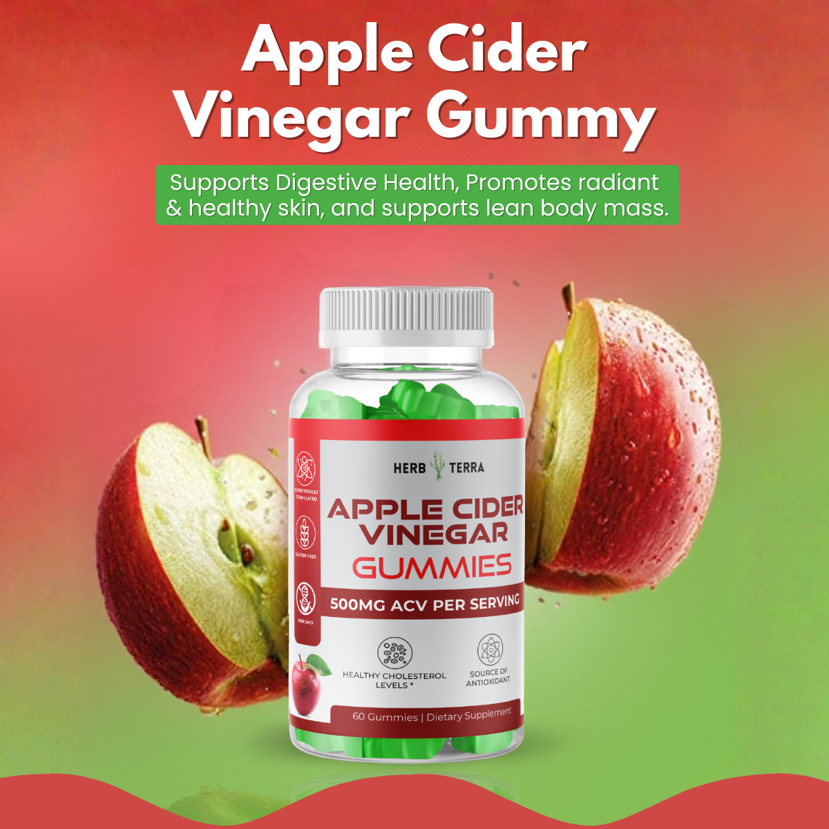 Herb Terra Apple Cider Vinegar Gummies | 500 mg | 60 Gummies | Apple ...