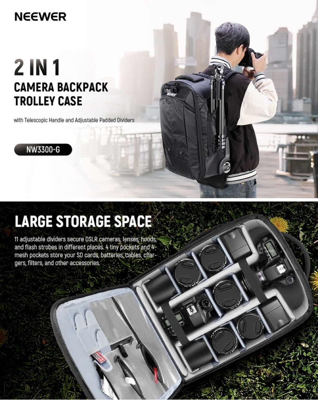 Neewer 2-in-1 Convertible Wheeled Camera Backpack Luggage Trolley Case ...