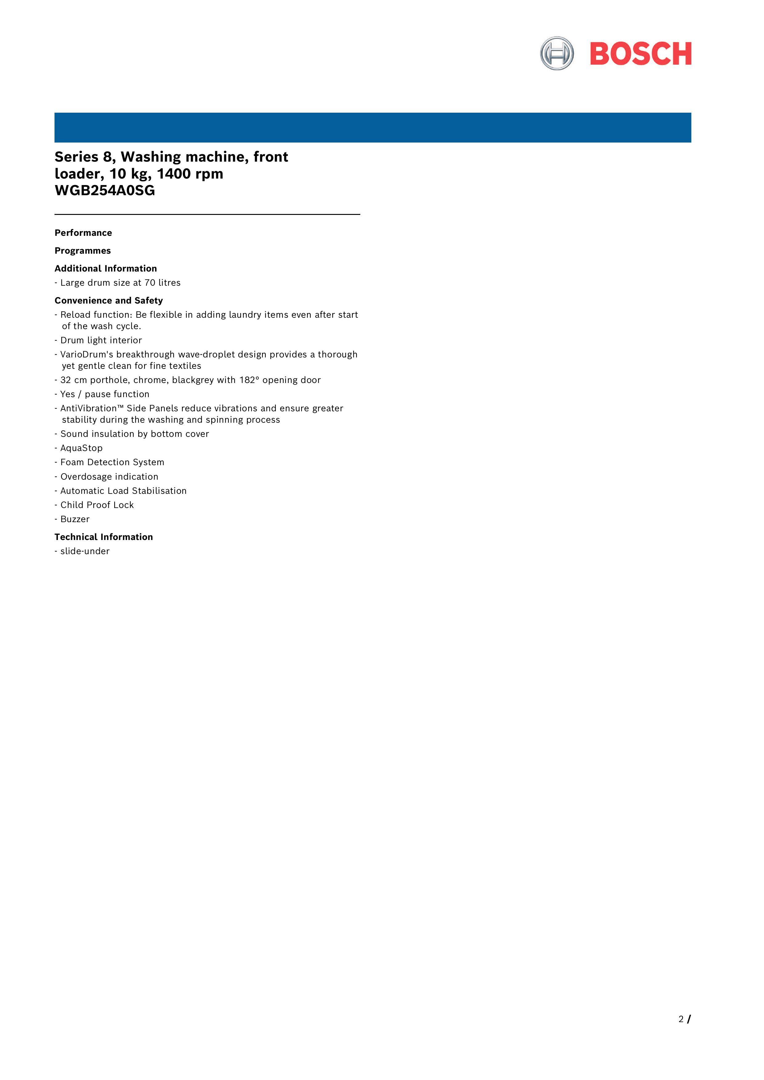 BOSCH WGB254A0SG 10KG FRONT LOAD WASHER WHITE 3 TICKS W598xD590xH845MM ...