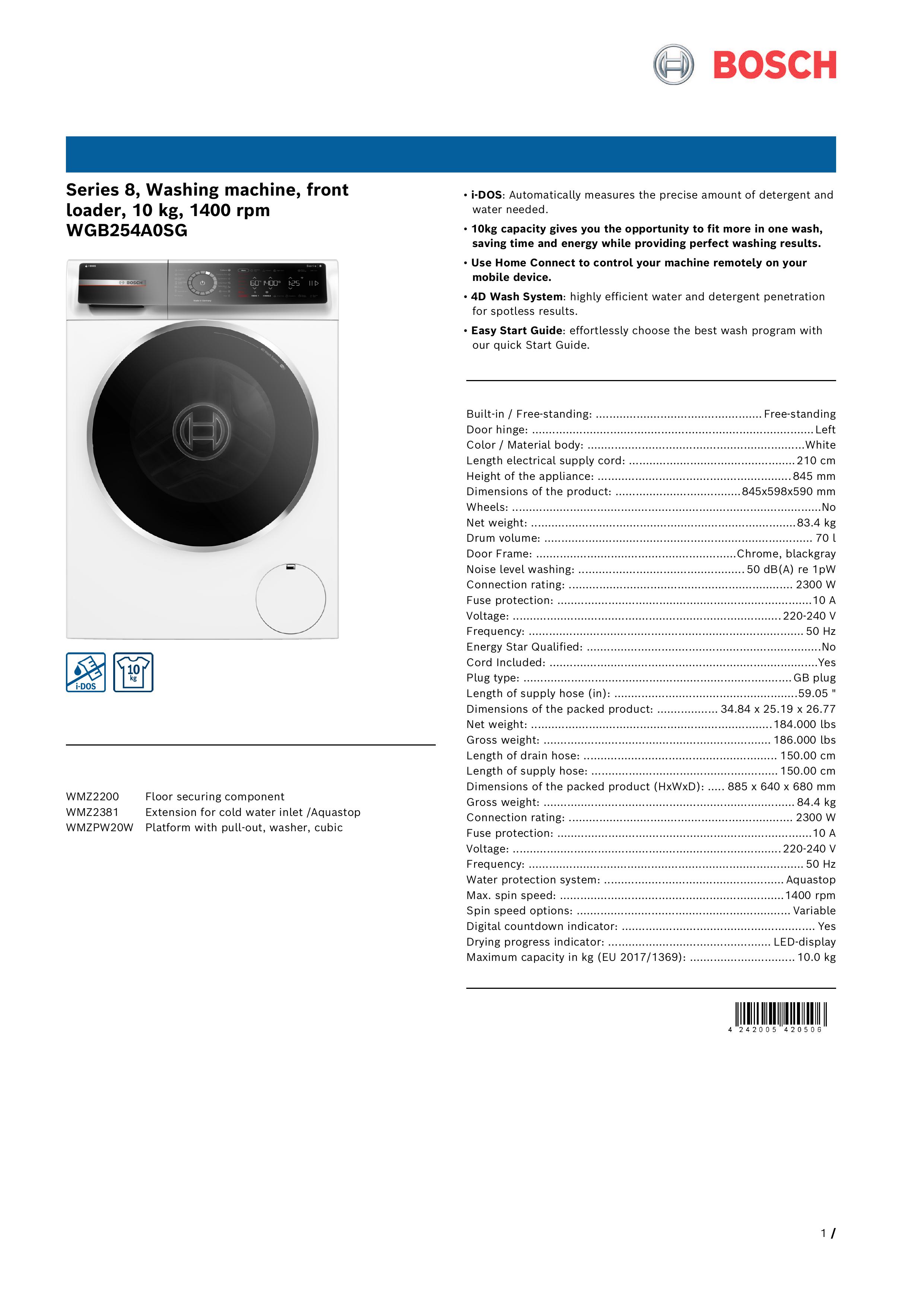 BOSCH WGB254A0SG 10KG FRONT LOAD WASHER WHITE 3 TICKS W598xD590xH845MM ...