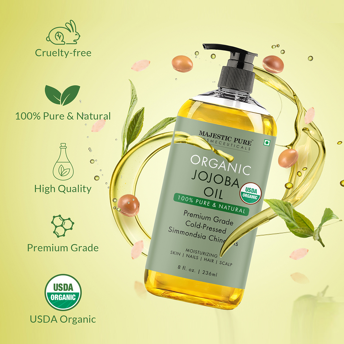 MAJESTIC PURE Jojoba Oil 236ml | USDA Organic | For Skin, Hair, Face ...