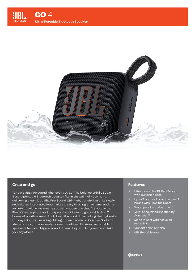 JBL Go 4 Portable Bluetooth Speaker with Built-in Battery Mic IP67 ...