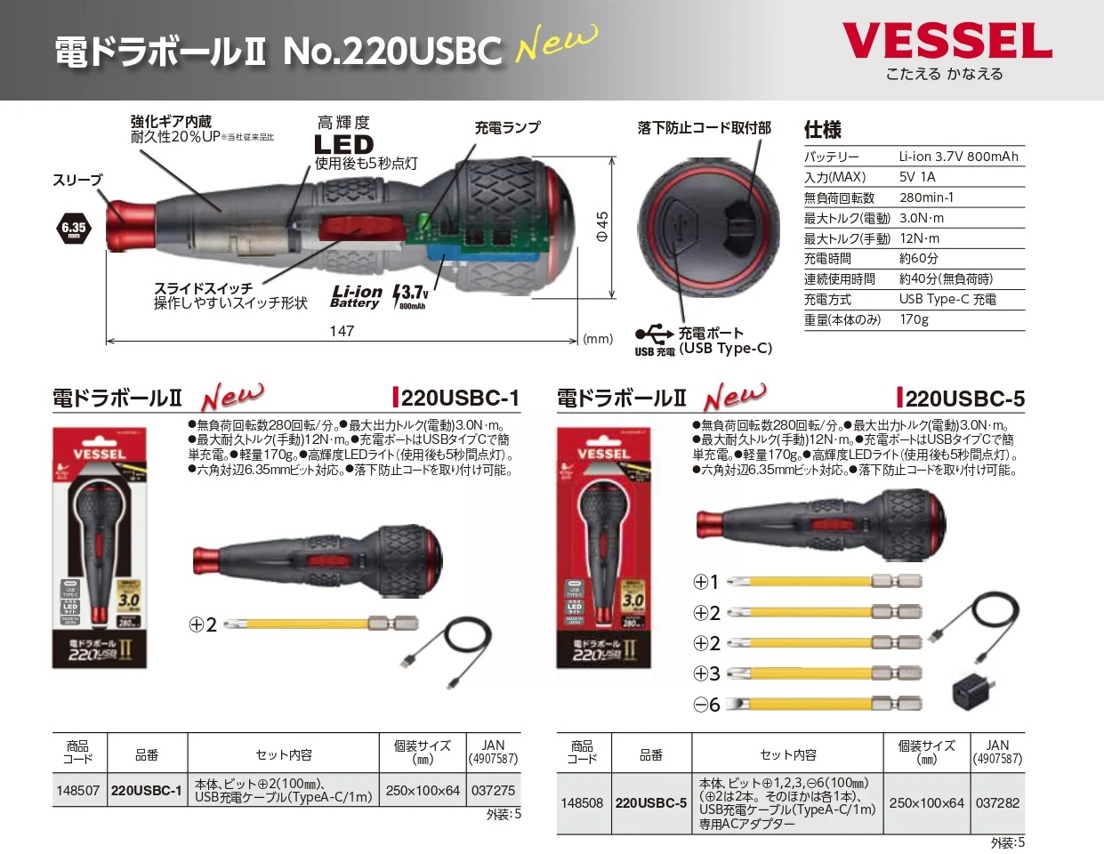 VESSEL 220USBC-1 Electric Ball Grip Screwdriver 3.0Nm Torque Cordless ...