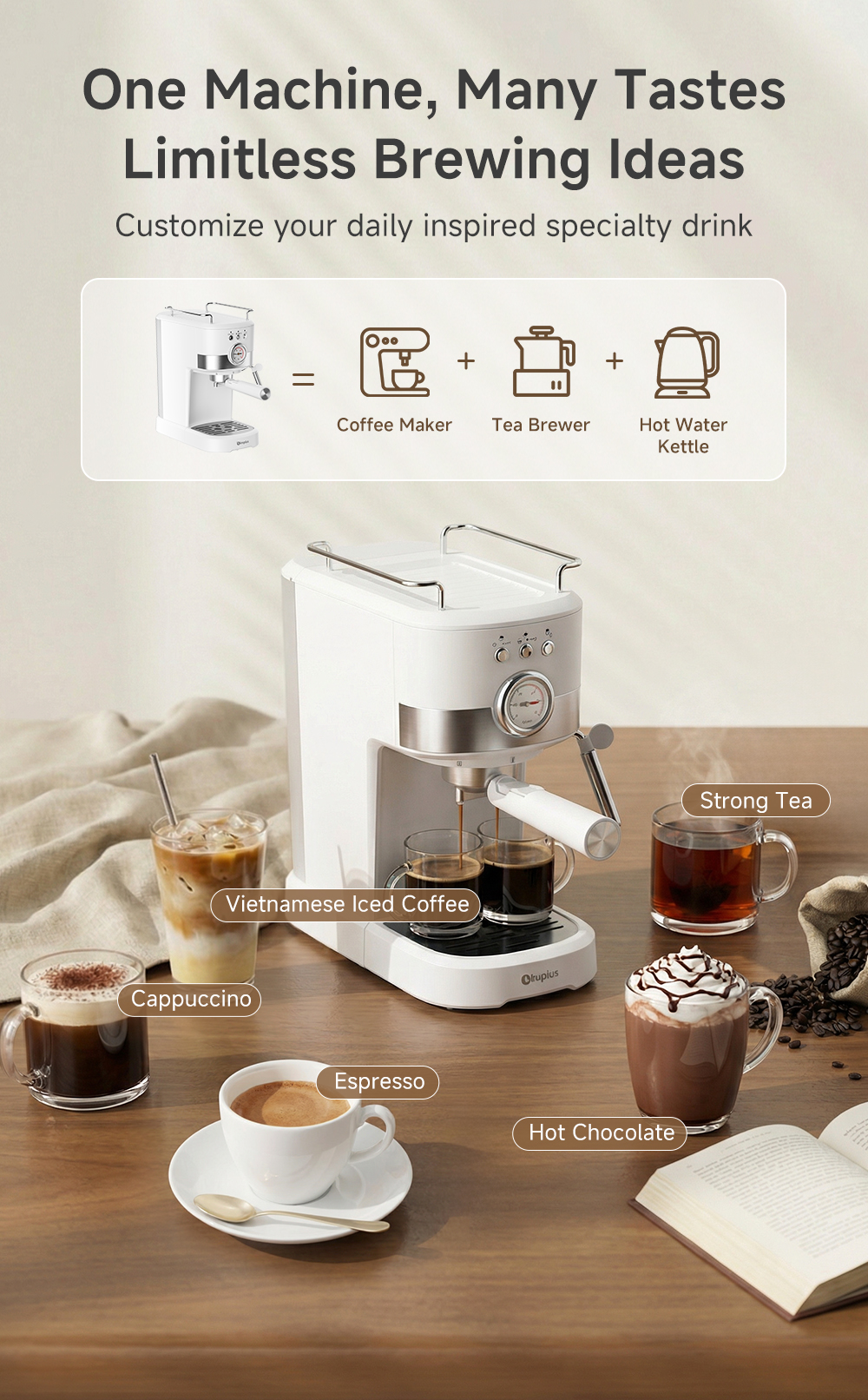 Simplus 3-in-1 Coffee Maker | 15 Bar | Milk Foaming | Dual Cup Extract ...