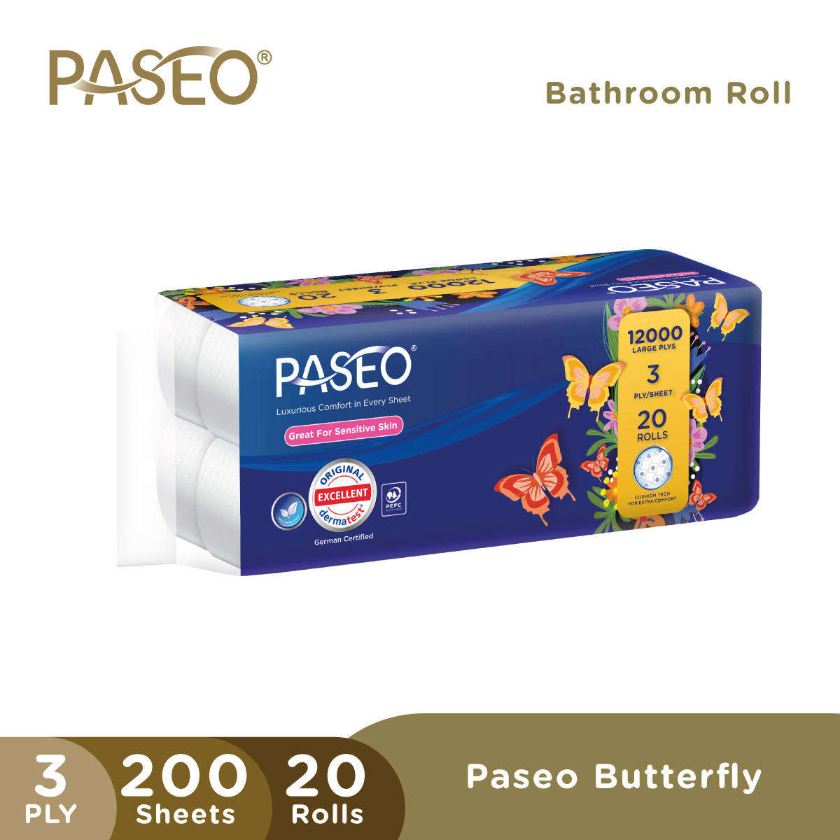 1 X PASEO TOILET ROLL 3PLY 200S 20 ROLLS (BUTTERFLY) (Toilet Paper ...