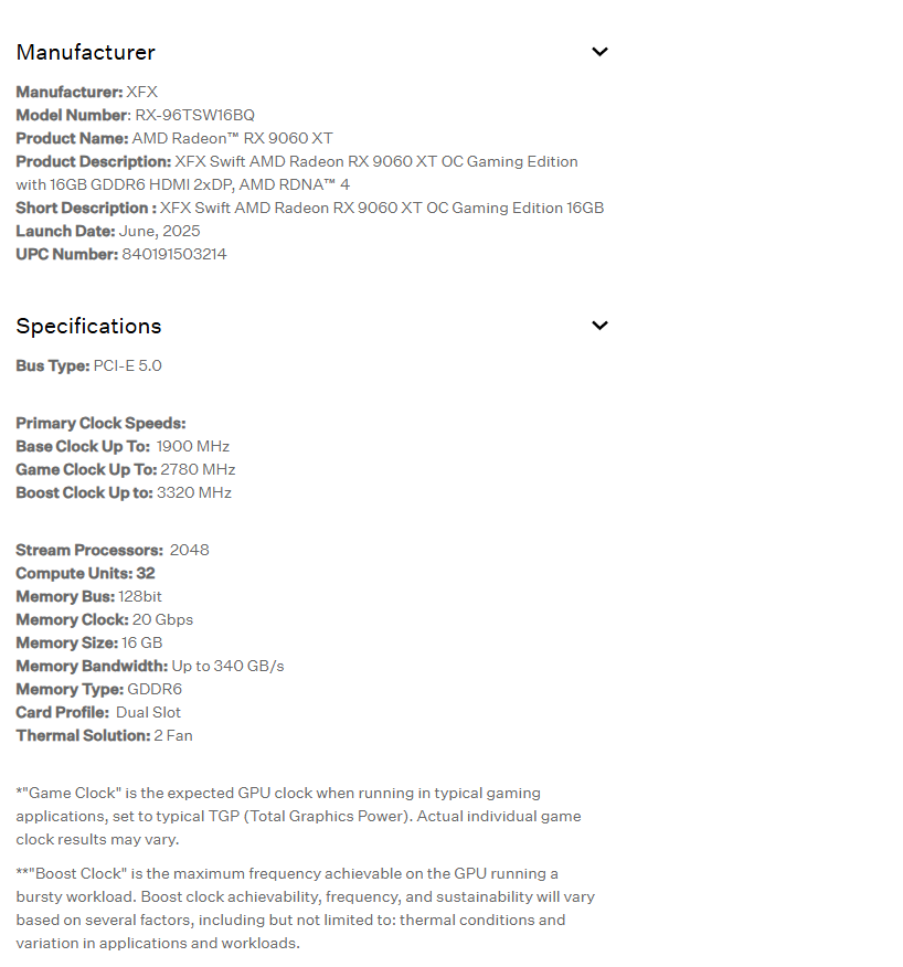 XFX Swift AMD Radeon RX 9060 XT OC 16GB GDDR6 Gaming Graphics Card ...