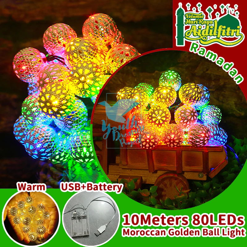 Lampu Raya 10M 80LED Moroccan Lights Golden Ball Fairy Lights Battery ...