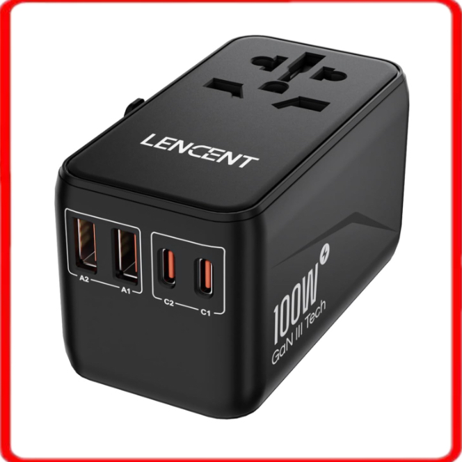 LENCENT Universal Travel Adapter, 100W GaN3 International Adaptor with 2 QC4.0 USB-A+2 PD3.0 ...
