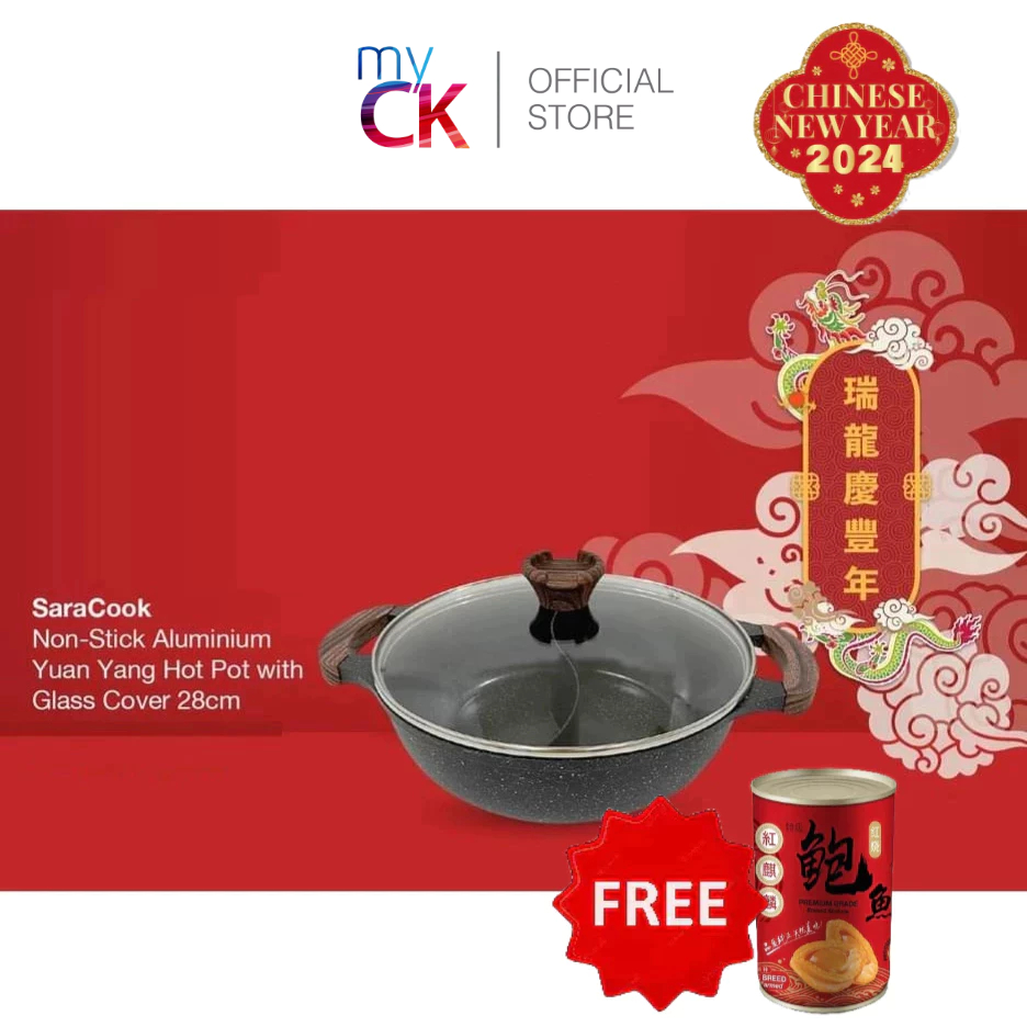 SaraCook Aluminium Yuan Yang Hot Pot 28cm (Non Stick) c/w Glass Cover ...