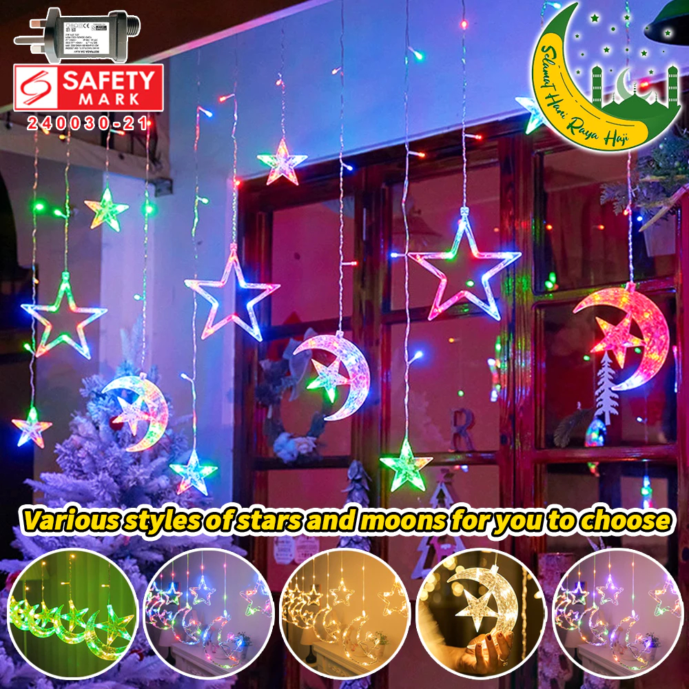 Lampu Raya 5 Meter Hair Raya Lights 158Led Led Star Moon Lights Curtain ...
