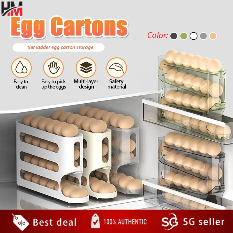 【HM】SG 4 Tier Egg Dispenser Tray Refrigerator Egg Storage Box Automatic ...