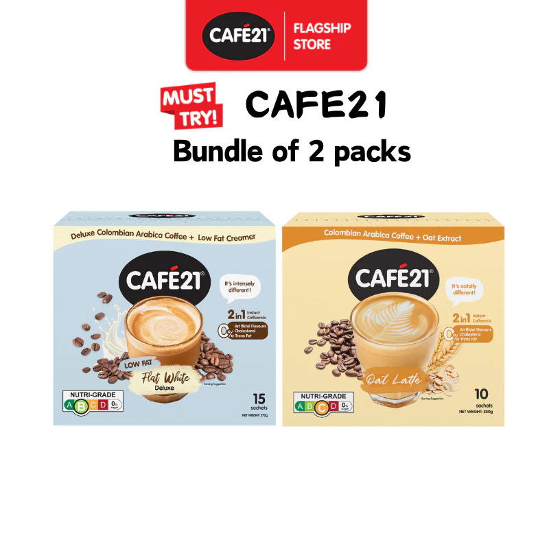 Bundle 2 pkts-Cafe21 Flat White Deluxe Low Fat ,Oat Latte Instant ...