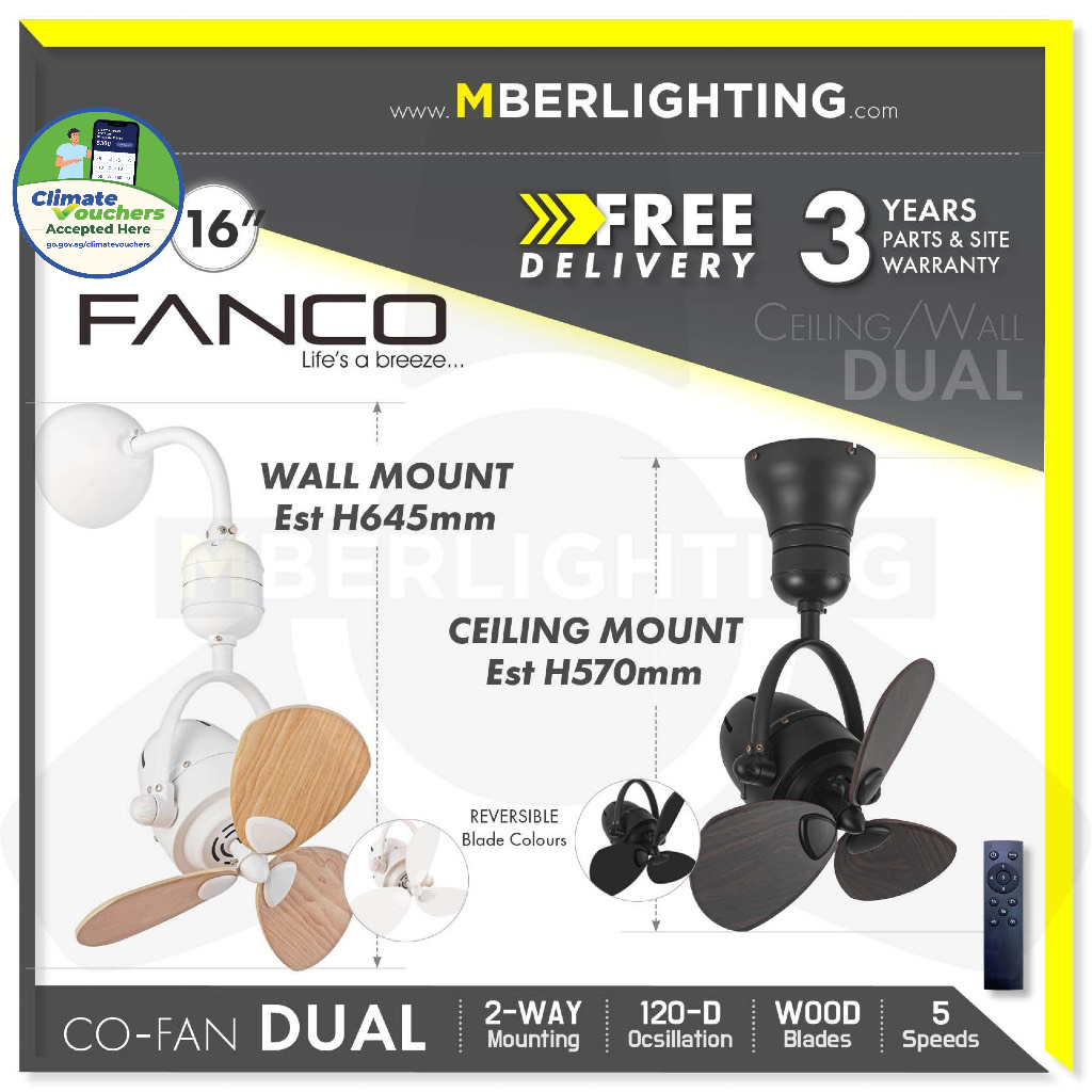 FANCO CO-FAN Dual 16" Corner Fan: 120D Oscillation, Dual Mount +Remote ...