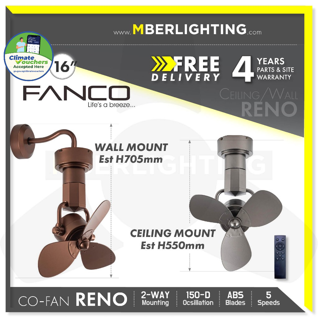 FANCO CO-FAN Reno 16" Corner Fan: 150-Degree Oscillation, Dual Mount ...