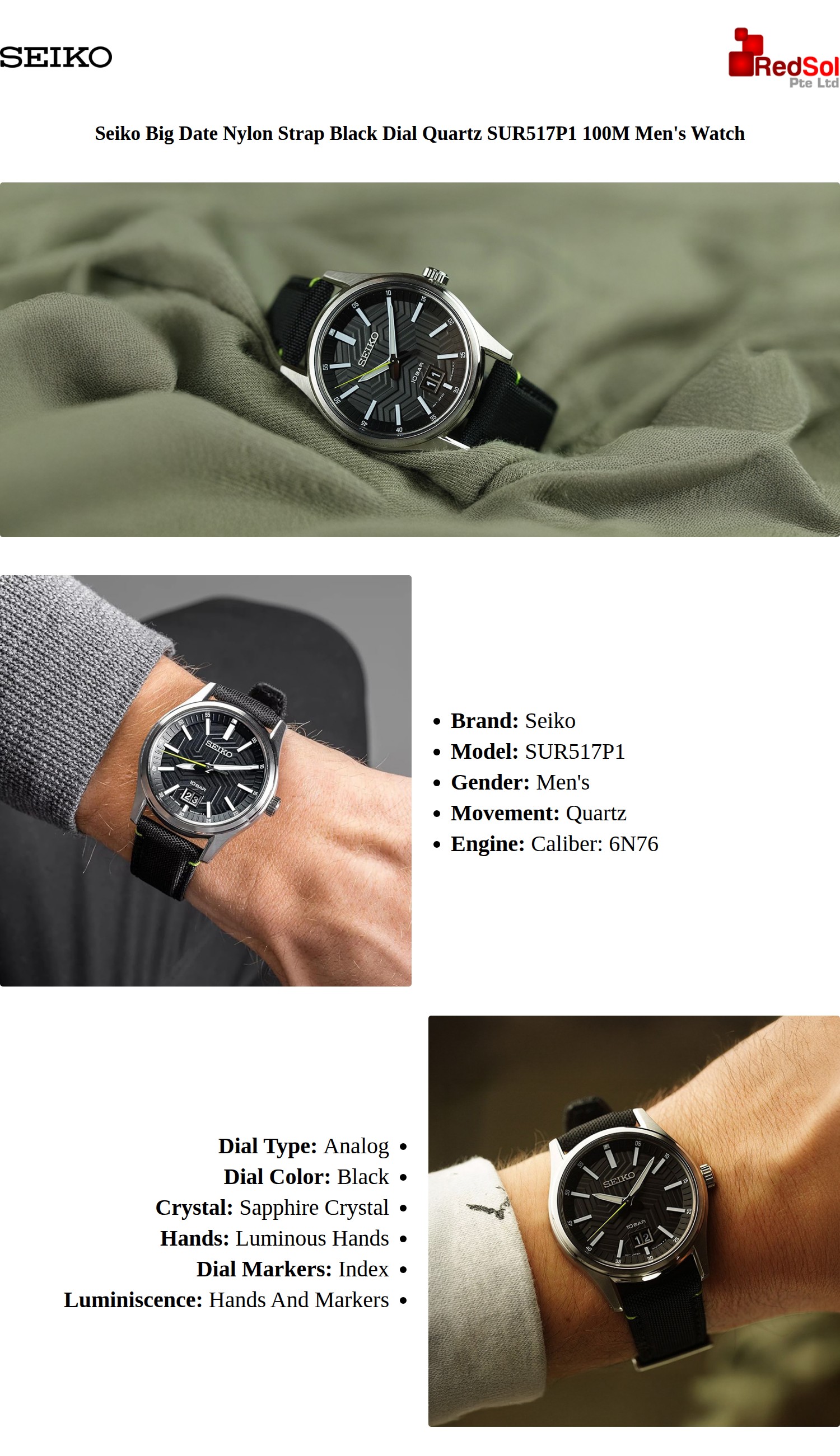 Seiko Big Date Nylon Strap Black Dial Quartz SUR517P1 100M Mens Watch ...