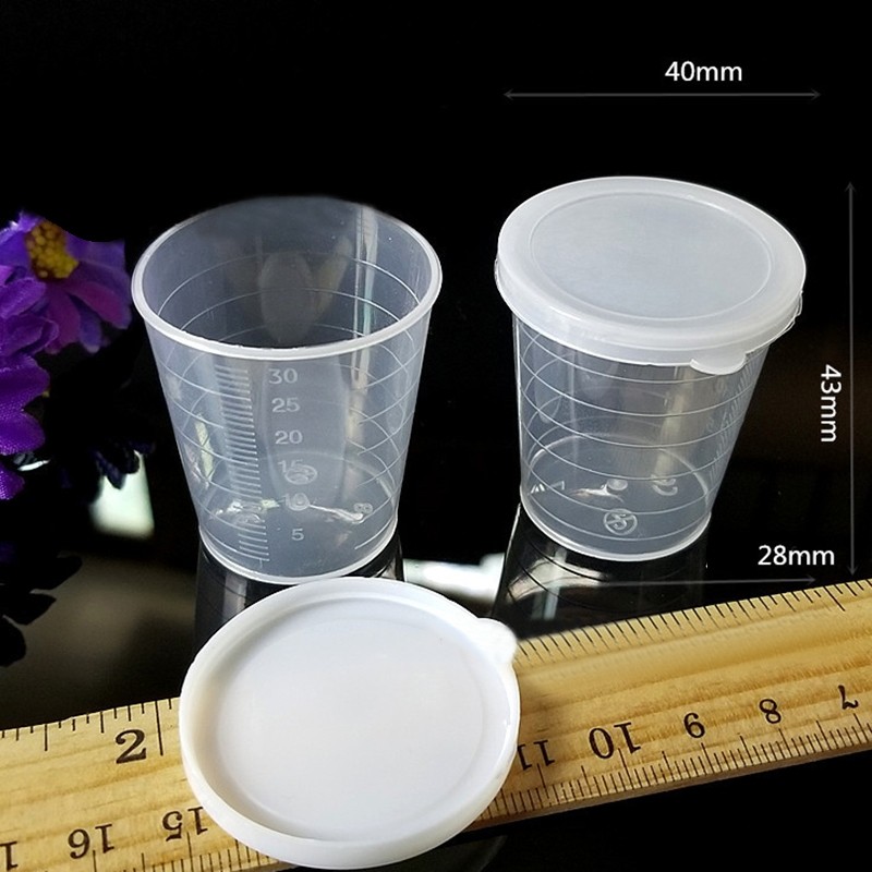 【JY】 10Pcs 30ml Medicine Measuring Measure Cups With White Lids Cap ...