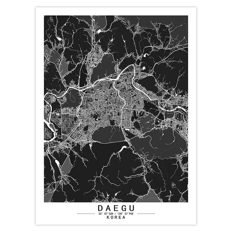 Wall Art Daegu South Korea Abstract City Map Canvas Art - Black & White ...