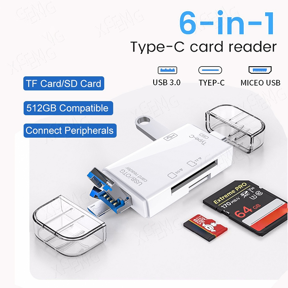 6 In 1 SD Card Reader OTG Type C Micro Adapter Flash Drive Memory USB2 ...
