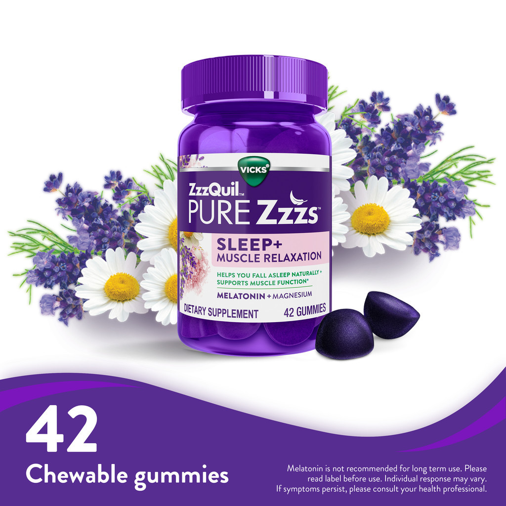 ZzzQuil PURE Zzz s Sleep+ Muscle Relaxation Gummies (42 Gummies ...