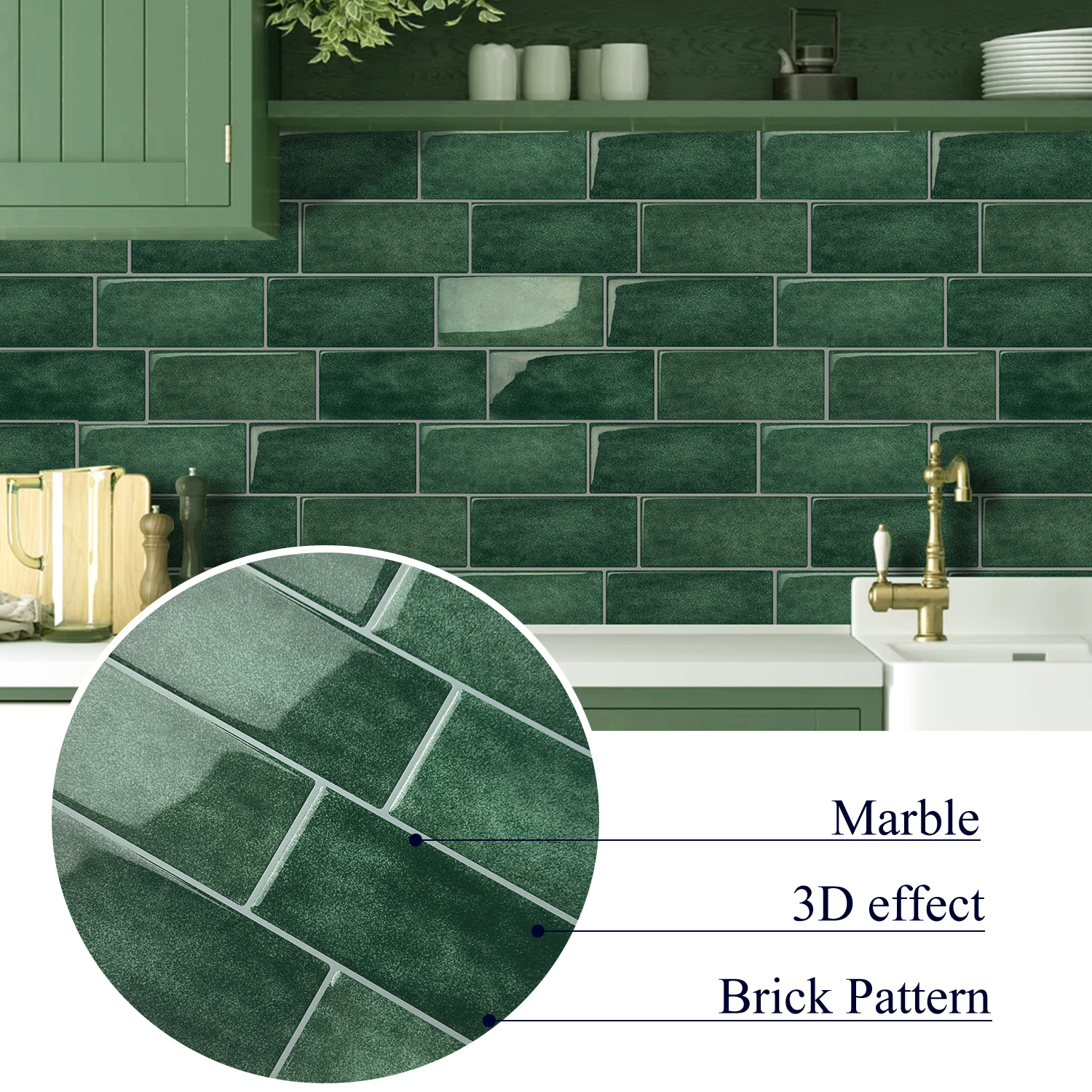 3D Green Tile Pattern Imitation Tile Stickers Kitchen And Bathroom Backsplash Tile Wall Stickers ...