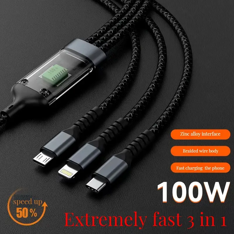 3-in-1 100W Fast Charging Cable, Universal for IP and Android | Shopee ...