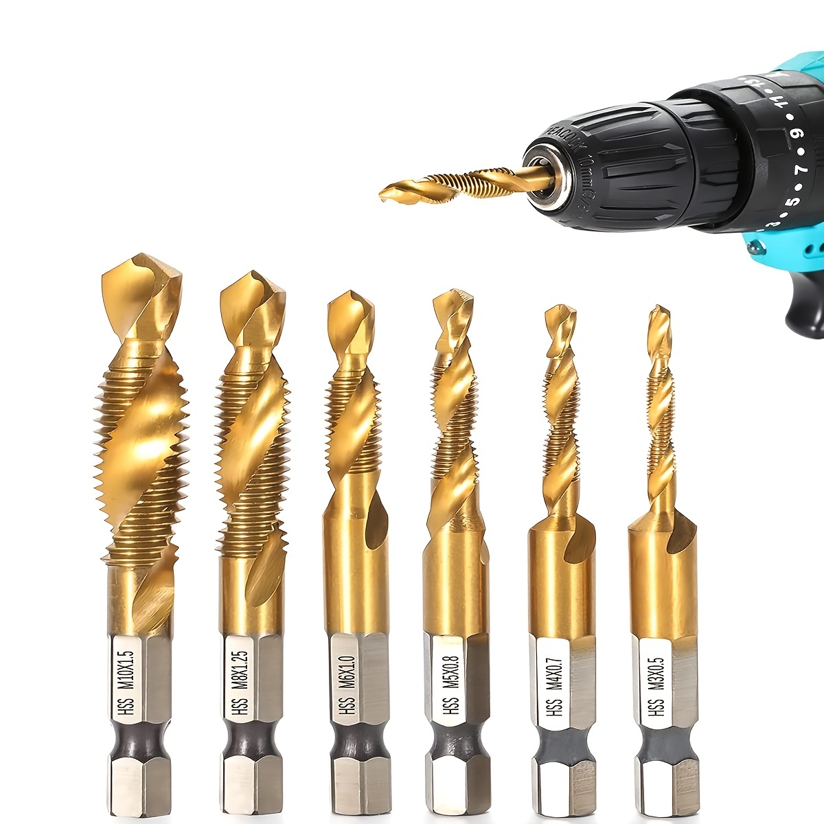 Titanium Combination Tap Drill Bit Set Metric Screw Tapping 6PCS, Hex ...