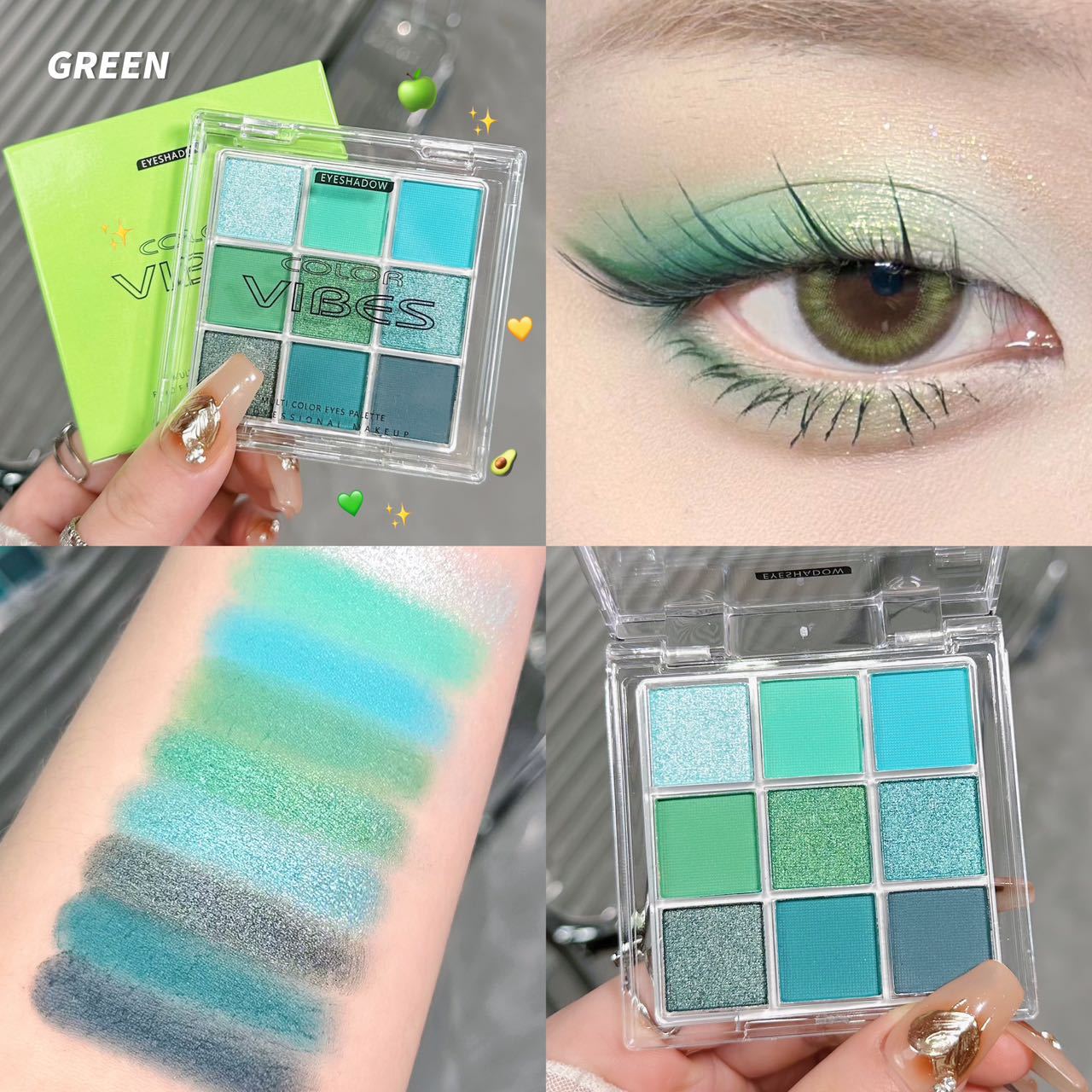 Green Eyeshadow 9 Colors Avocado Color Stage Makeup Pearlescent Matte ...