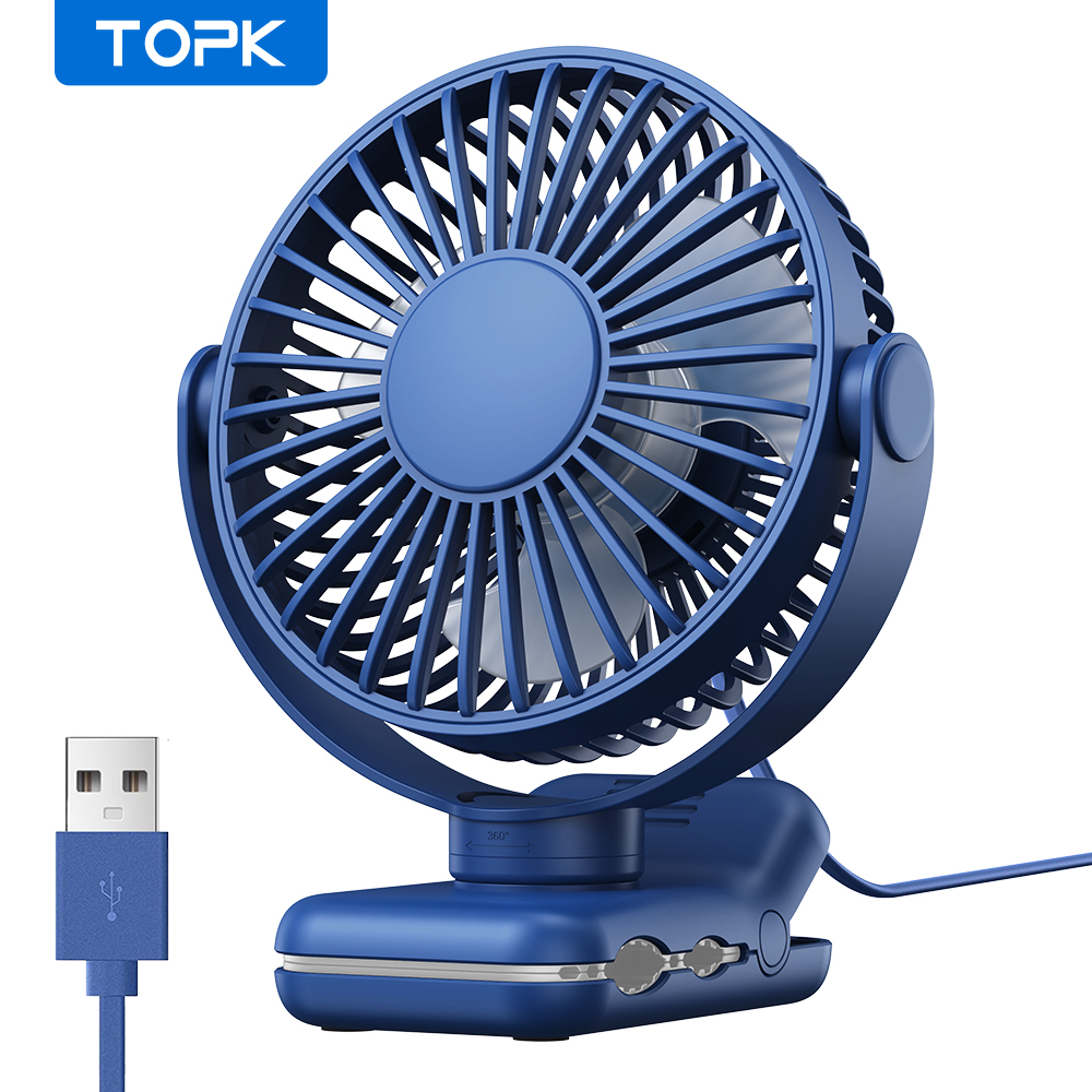 TOPK Clip-on Fan [USB Powered] 720° Rotation 3 Speed Modes Strong Wind ...