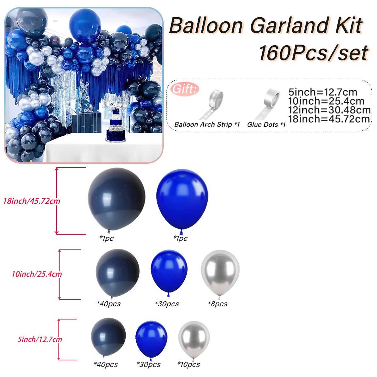 160pcs, Navy Blue Royal Blue Silvery Balloon Garland Set, Dark Blue ...
