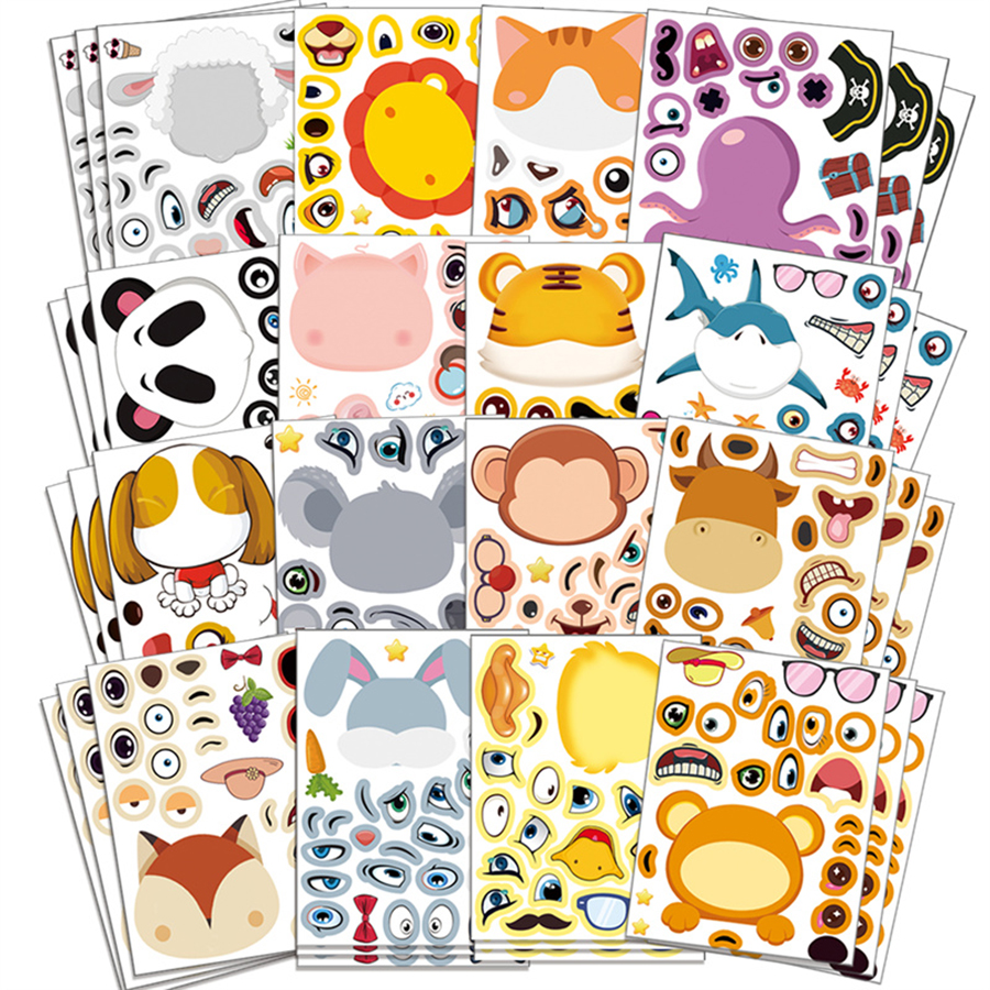 12Sheet Make a Face DIY Puzzle Stickers Different Patterns Cute Animals ...
